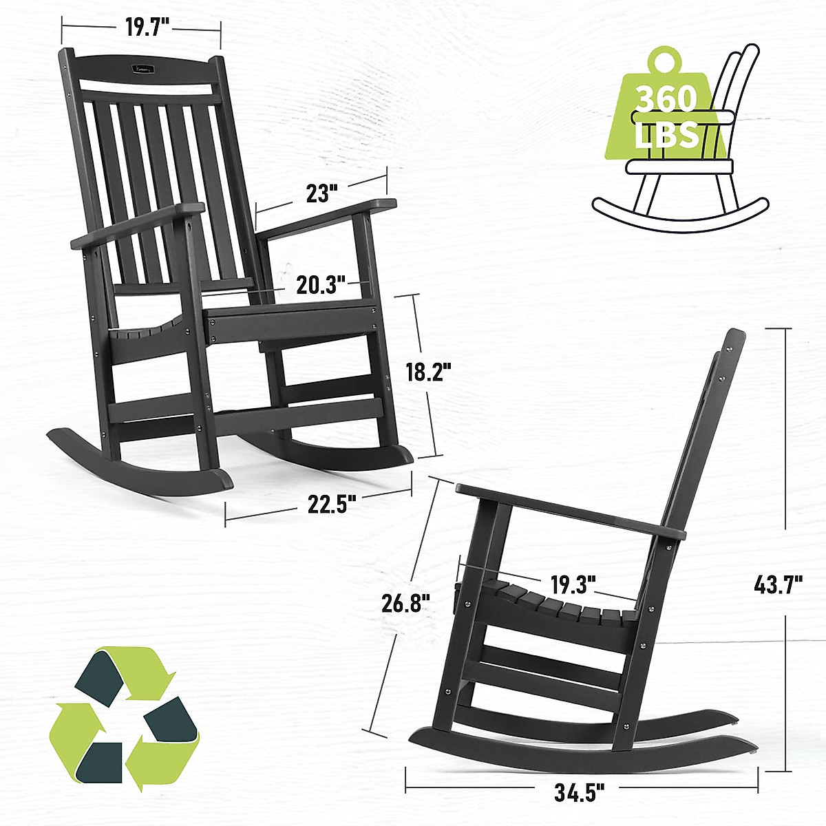 FUNBERRY Outdoor Rocking Chairs Set of 2, HDPE All Weather Poly Lumber Rocker, High Back Patio Rockers Easy Assembly