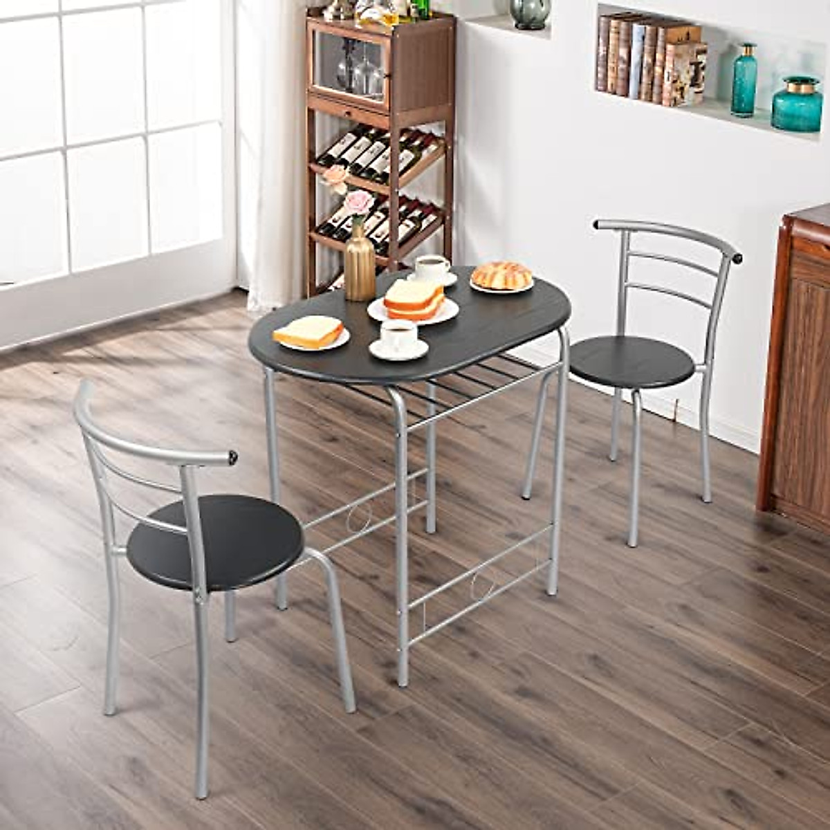 VINGLI 3 Piece Dining Set,Small Kitchen Table Set for 2,Breakfast Table Set,Kitchen Wooden Table and 2 Chairs for Small Space/Dining Room/Apartment,Metal Frame,Wine Rack,Sliver&Black