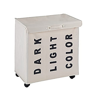 WENKO Trivo Laundry Sorter with 3 Sections (Dark, Light, Color), Laundry Basket on Wheels with Handle, Laundry Hamper with Lid, Beige, 30.6 gal, 22 x 23.6 x 13.8 in