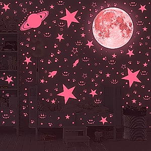 Riakoob Moon and Star Castle Luminous Wall Stickers - Glow in The Dark Pink - Magical Decor for Bedrooms (Pink Moon)