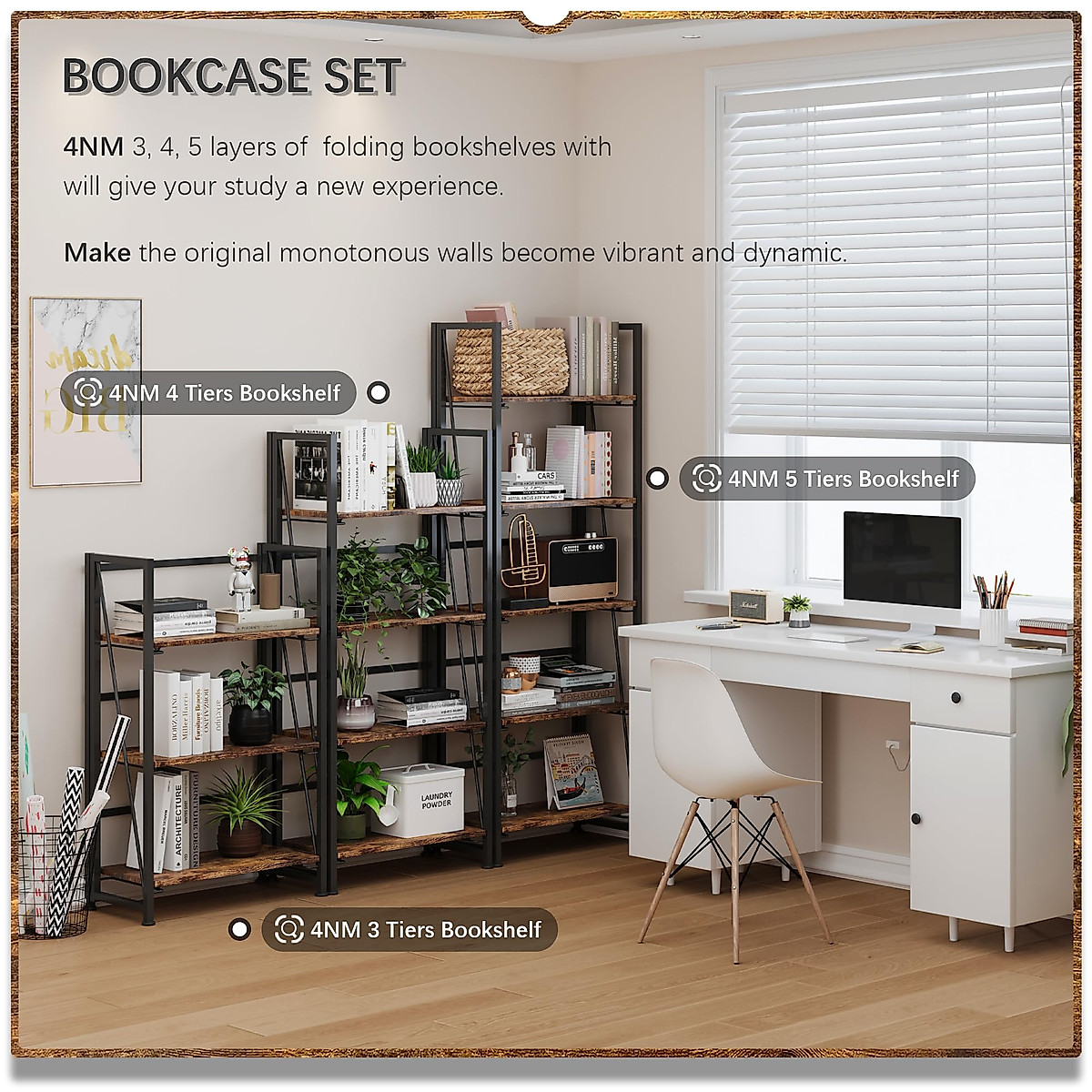 4NM No-Assembly Folding Bookshelf Storage Shelves 4 Tiers Vintage Bookcase Standing Racks Study Organizer Home Office (Rustic Brown and Black)