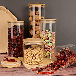 UrSpeedtekLive Glass Storage Jars with Airtight Bamboo Lids, Set of 5 Food Storage Jars with Wood Lids, Glass Kitchen Canisters, Clear Container for Coffee, Dry Goods, Cookie, Candy, Tea, Pasta