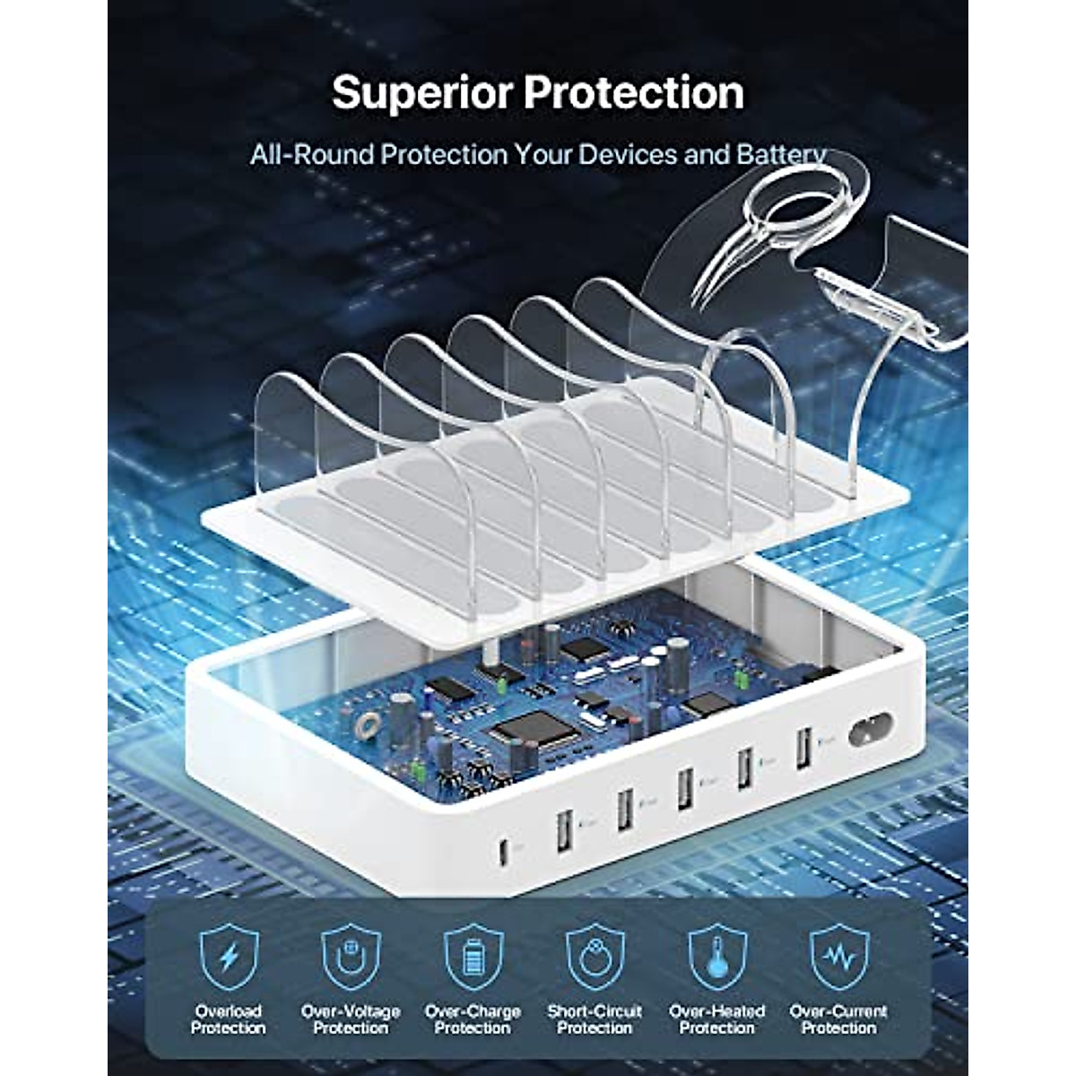 SooPii 60W 6-Port Charging Station for Multiple Devices, PD 20W USB C Fast Charging for lPhone 14/13/12,6 Short Cables Included, 2 in 1 Holder,for Phones,Tablets and Others,White