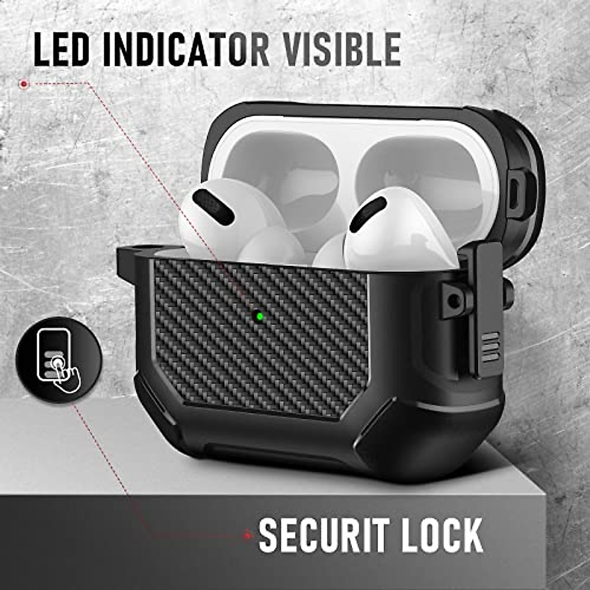 Maxjoy for AirPods Pro Case, Carbon Fiber Secure Lock Clip Full Body Shockproof Hard Shell Protective Case Cover with Keychain for Apple AirPod Pro (2019), Black