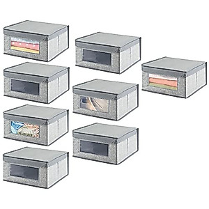 mDesign Medium Fabric Stackable Closet Storage Organizer Box with Front Window/Lid for Bedroom, Office, Mudroom Organization, Hold Clothes, Blankets, Linens, Lido Collection, 8 Pack, Gray