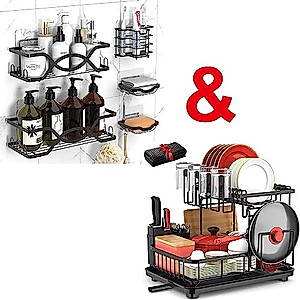 Cibert 5-Pack Shower Shelves for Inside Shower & 2 Tier Dish Drying Rack with Drainboard Set