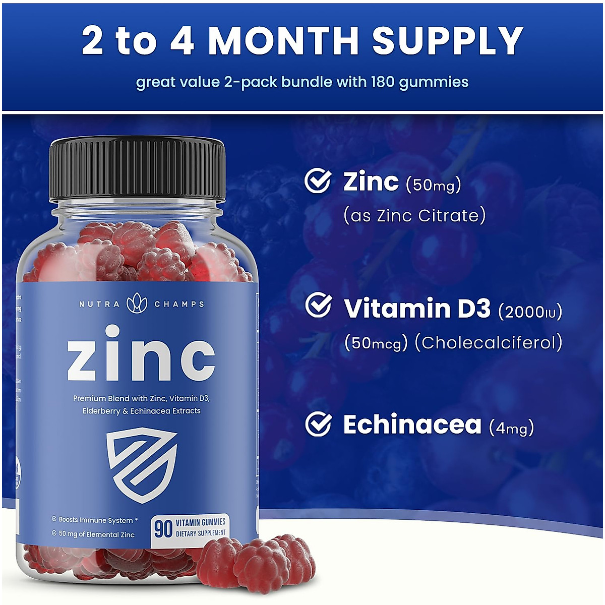 Zinc Gummies | 4-in-1 Zinc Gummies Adult | Zinc Chewable 50mg | Chewable Zinc Supplement Gummies with Vitamin D3 2000 IU, Elderberry & Echinacea | Immune, Heart & Brain Support | 180 Count (2 Pack)