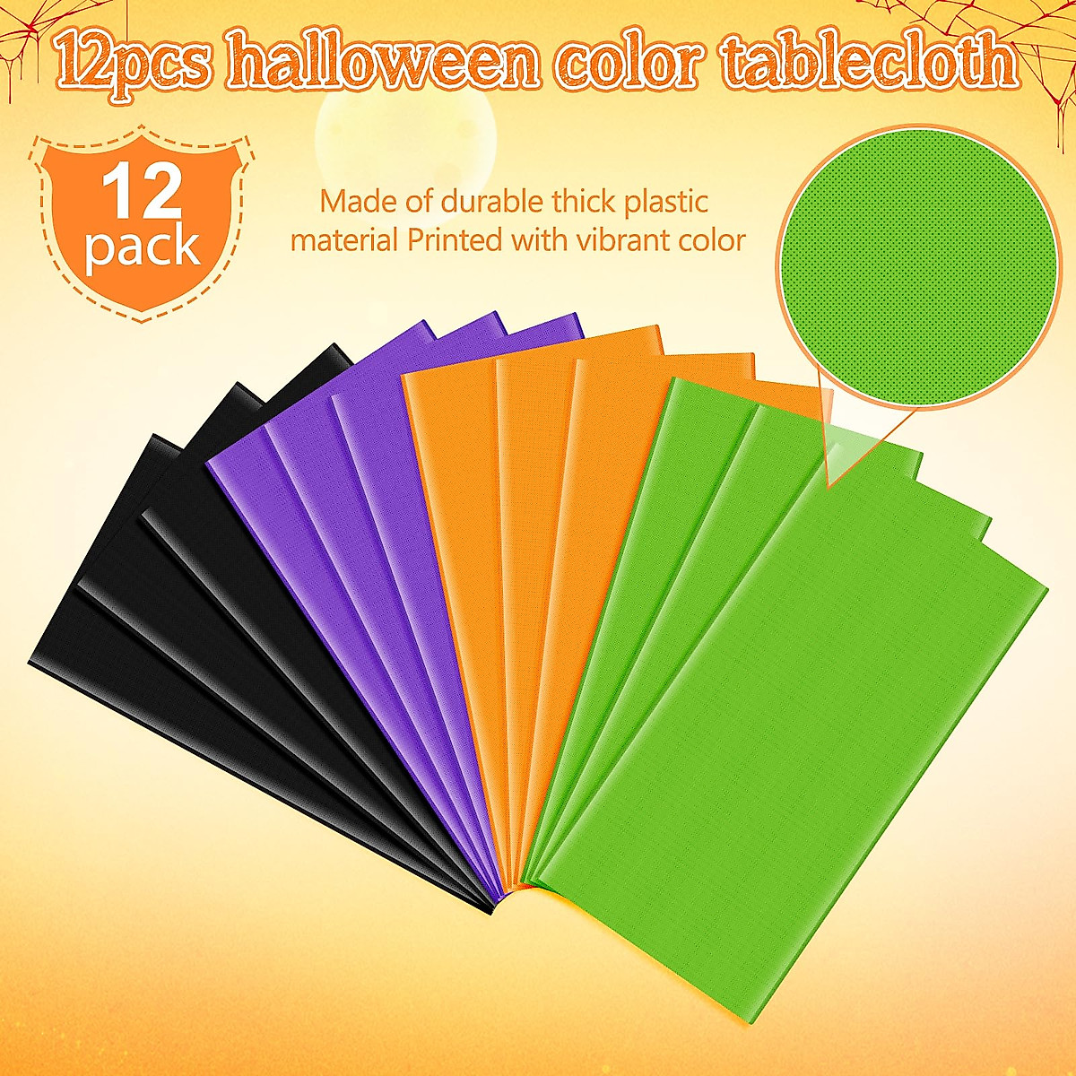 MASHAN 12Pcs Round Halloween Tablecloth Plastic Orange Black Purple Green Table Cloths Disposable Round Table Covers for Halloween Witch Vampire Party Decorations, 84inch