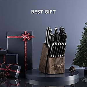 Emojoy Knife Set, 18-Piece Kitchen Knife Set with Block Wooden, Manual Sharpening for Chef Knife Set, German Stainless Steel