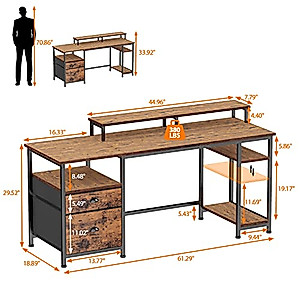 Furologee Computer Desk with Shelves and Drawer, 61" Long Desk with Fabric File Drawer, Industrial Writing Desk with Large Monitor Stand, Study Gaming Table Workstation for Home Office, Rustic Brown