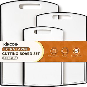 Cutting Boards for Kitchen, Extra Large Plastic Cutting Board Dishwasher Chopping Board Set of 3 with Juice Grooves, Easy Grip Handle, Black, Kikcoin