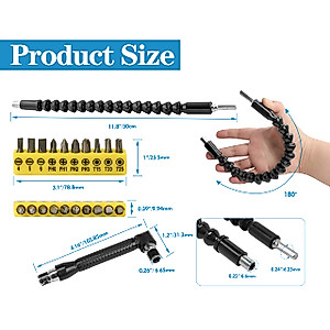 Jamiikury 90 Degree Right Angle Driver, 11.6 Inch Bendable & Flexible Screwdriver Extension Soft Shaft and 10pcs Screwdriver Bit Set, Power Screwdriver Drill Extension Kits - Pack of 12