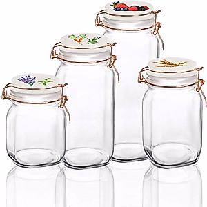 Circleware Vegetable Decal Glass Canisters Shaped with Ceramic Lids, Set of 4 Kitchen Glassware Food Beverage Preserving Containers for Coffee, Sugar, Tea, Spices, Cereal, 66 oz, 49 oz, 30 oz, 22 oz
