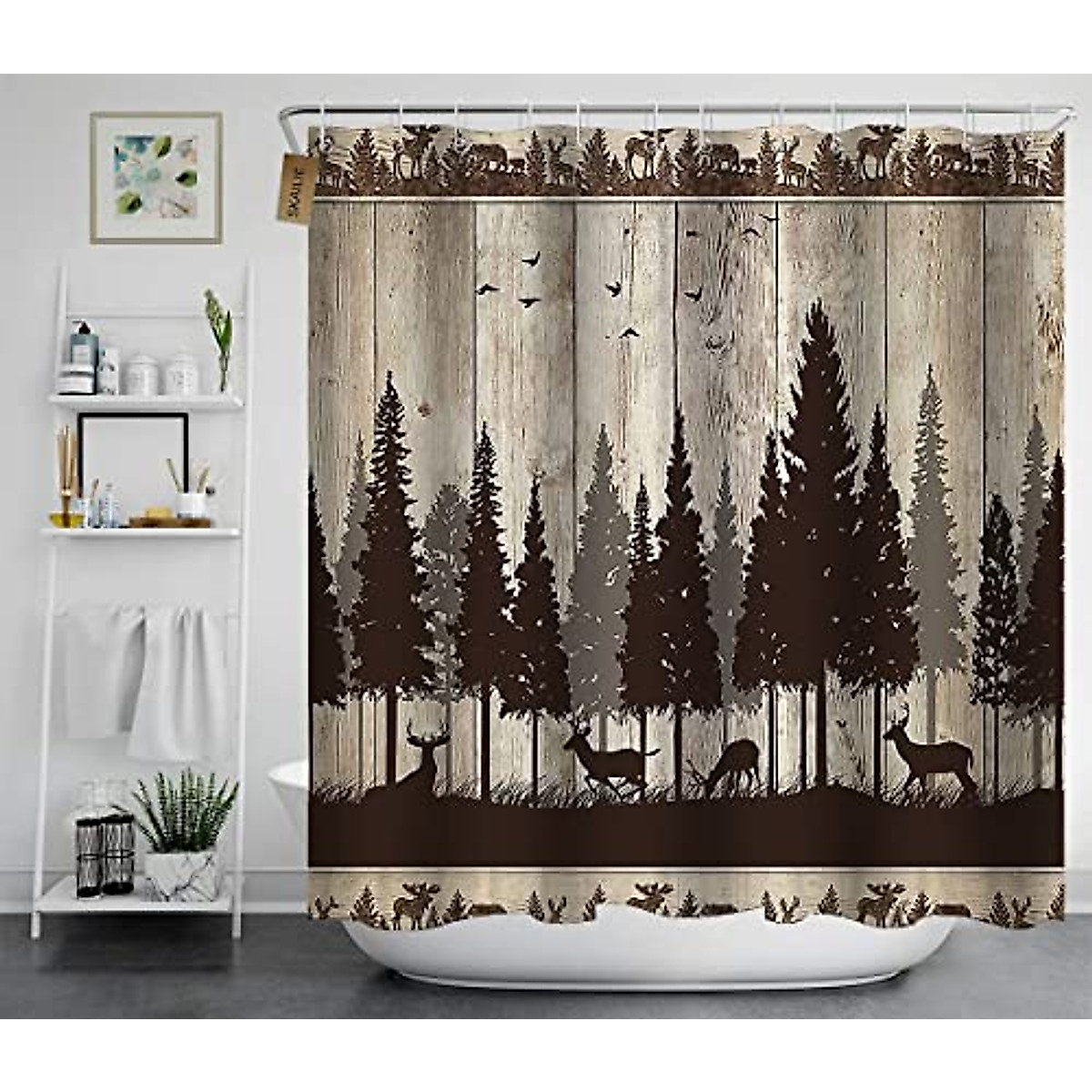 SKAILIÉ 4PCS Deer Shower Curtain Set, Moose Elk Bear Pine Tree Woodland Animal Wildlife Hunting Lodge Cabin Country Rustic Farmhouse Bathroom Decor, Waterproof Fabric Shower Curtain, Non-slip Bath Mat