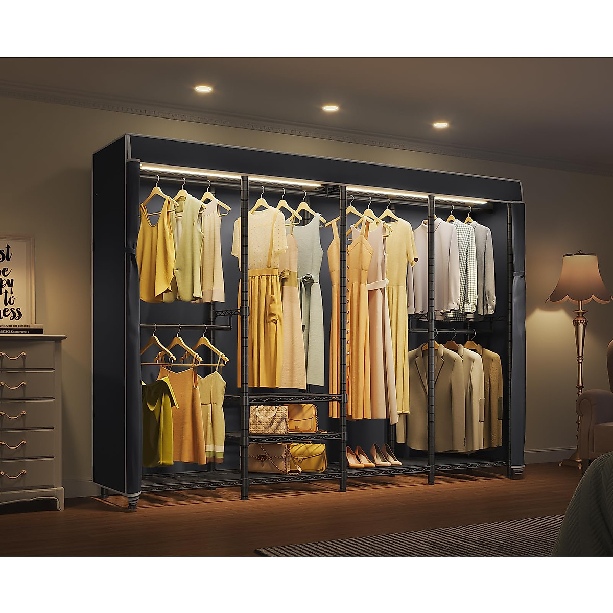 VIPEK V40L Covered Clothes Rack with Dimmable LED Lights, Heavy Duty Garment Rack Portable Closet Wardrobe Freestanding Clothing Rack for Hanging Clothes, Black Closet Rack with Black Oxford Cover