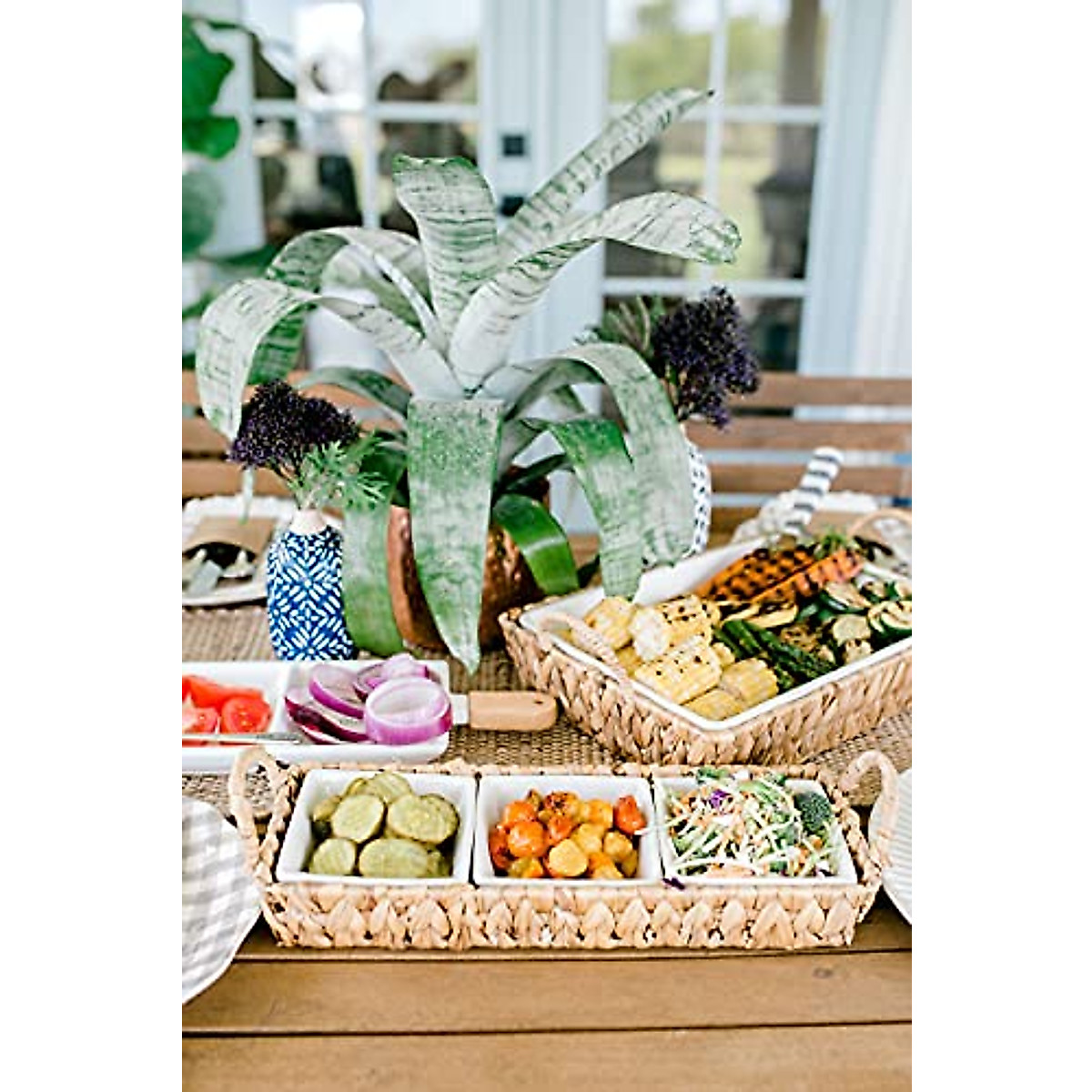 Mud Pie Water Hyacinth Section Server, 5" x 16 1/4", White, Brown