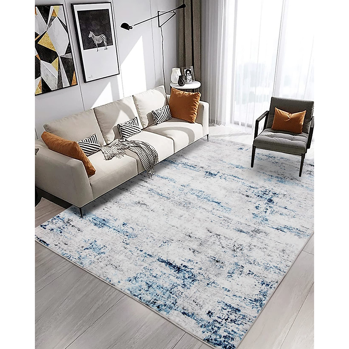 Area Rug Living Room Rugs: 8x10 Large Soft Indoor Carpet Modern Abstract Rug with Non Slip Rubber Backing for Under Dining Table Nursery Home Office Bedroom White Gray Blue