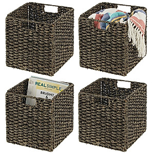 mDesign Seagrass Woven Cube Basket Organizer with Handles - Storage for Bedroom, Office, Living Room, Bathroom, Perfect for Cubby Storage Units - Hold Blankets, Magazines, Books - 4 Pack - Black Wash