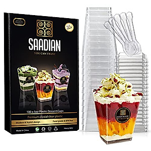 SAADIAN 100 Pack 5 oz Dessert Cups with Lids, Mini Dessert Cups with Spoons, Parfait Cups with Lids, Clear Plastic Desert Cups, Ice Cream Containers, Appetizer Cups for Parties, Events, and Picnics