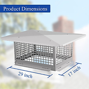 Flieeya Chimney Cap, Stainless Steel Chimney Cap, 17" x 29" Bolt On Single Flue Chimney Cover 304 Stainless Steel Fireplace Chimney Cover Adjustable for Outdoor Masonry Chimney