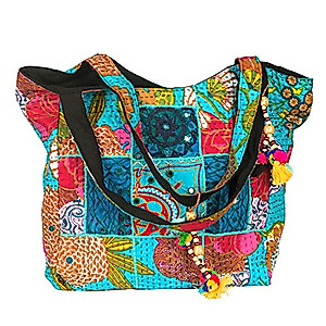 TribeAzure Large Oversize Blue Canvas Shoulder Bag Handbag Unique Tote Quilt Vintage Beach Travel Summer