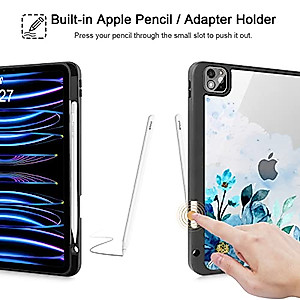Lepeoac Designed for iPad Pro 12.9 Inch (2022/2021/2020/2018, 6th/5th/4th/3st Generation) with Transparent Shockproof Back Cover [Built-in Pencil Holder] Auto Sleep/Wake, Blue Flower