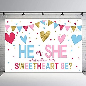 MEHOFOND Sweetheart Gender Reveal Baby Shower Photo Background He or She Valentine's Day Blue or Pink Gold Love Hearts Party Decoration Backdrops Banner for Photography 7x5ft