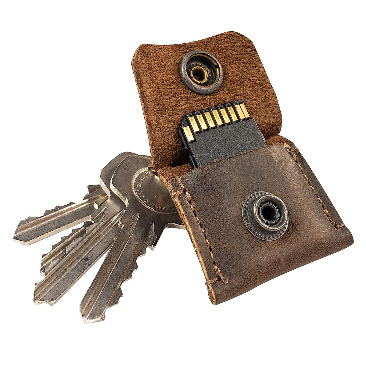 Hide & Drink, Squared Case for SD Card with Keyring, Rustic Keychain for Guitar Pick, Full Grain Leather, Handmade, Swayze Suede