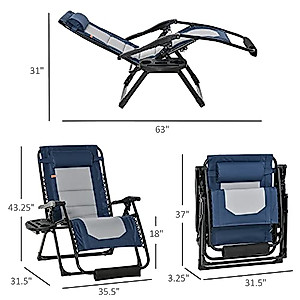 Outsunny Foldable Outdoor Lounge Chair with Footrest, Oversized Padded Zero Gravity Lounge Chair with Headrest, Side Tray, Cup Holders, Armrests for Camping, Lawn, Garden, Blue