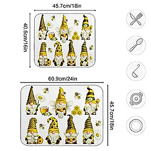 Yellow Gnomes Bee Absorbent Dish Drying Mat Reversible 16"x18",Summer Honey Sweet Drying Pad Protector for Kitchen Counter Sinks Dining Table