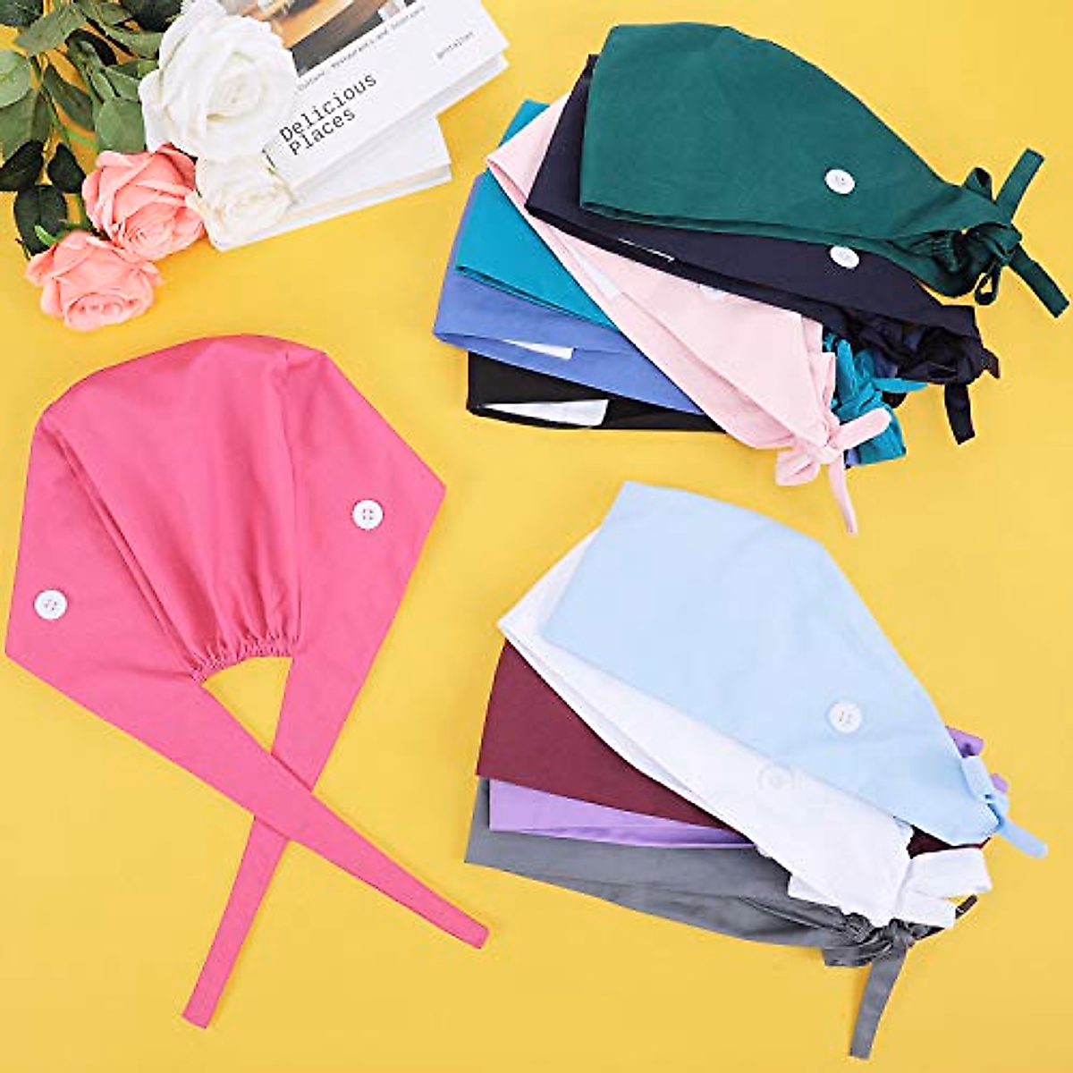 Syhood 12 Pieces Working Caps Gourd-Shaped Tie Back Hats Button Hats Unisex Hats with Sweatband, 12 Colors