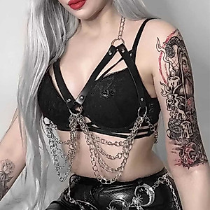 Ludress Punk Layered Chest Chain Black Leather Bar Chain Rave Cricle Body Chain Ring Vest Harness Body Jewelry Cospaly Nightclub Accessory for Women