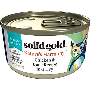 Solid Gold Canned Cat Food - Nature's Harmony Wet Cat Food Shreds in Gravy - Grain & Gluten Free Cat Wet Food Made with Real Chicken & Duck for Sensitive Stomach Support & Digestive Health - 24 Pack