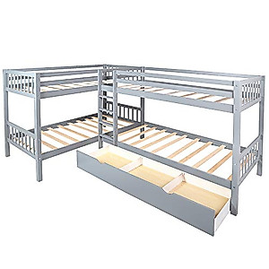 ATH-S Wood Triple Bunk Bed Full Over Twin &Twin Bunk Beds for 3, Wooden Triple Beds Frame with Drawers and Guardrails for Teens, Adults, No Box Spring Needed (White/Grey) (Color : Gray)