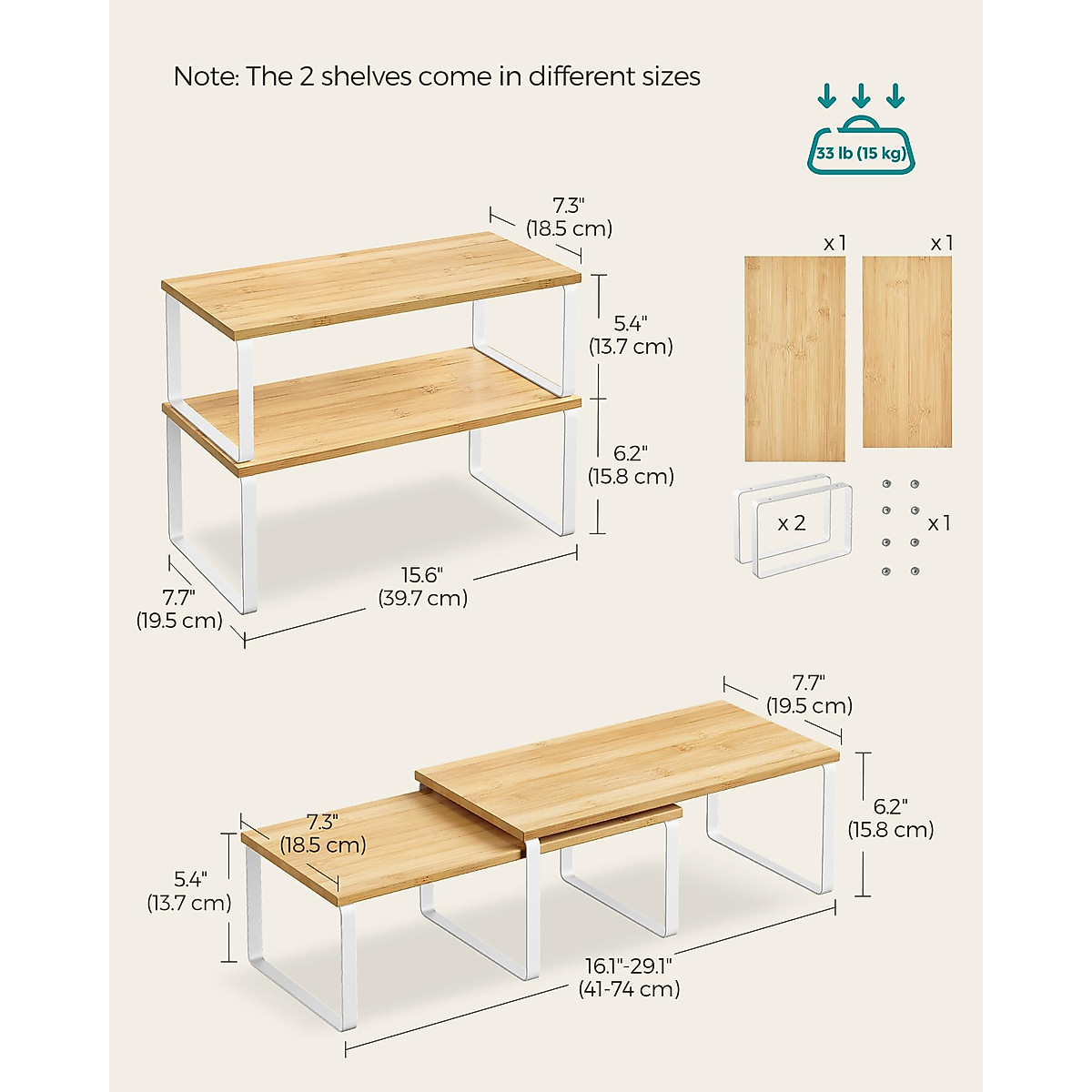 SONGMICS Cabinet Organizer Shelf, Set of 2 Kitchen Counter Shelves, Kitchen Storage, Spice Rack, Stackable, Expandable, Metal and Engineered Wood, Cloud White and Natural Beige UKCS200W01