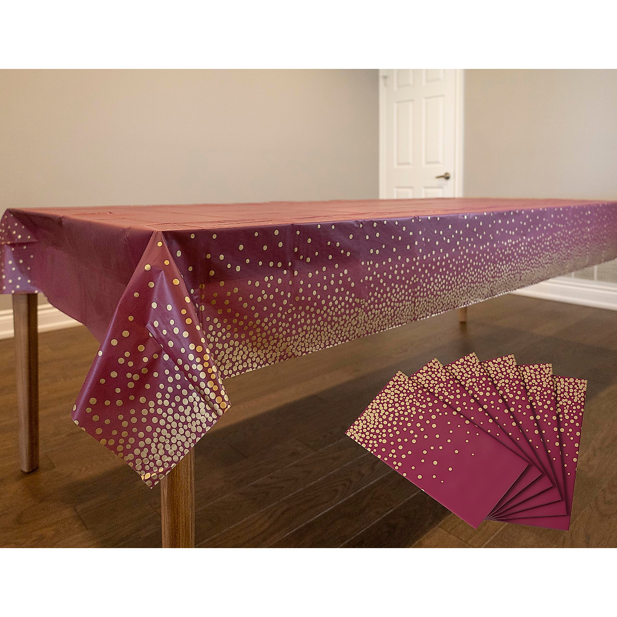 Neatiffy 54 x 108 Inch Rectangle Plastic Table Cloth Picnic/Camping/Birthday Party/Banquet Table Cover. Disposable/Reusable Tablecloths - Burgundy with Golden Dot