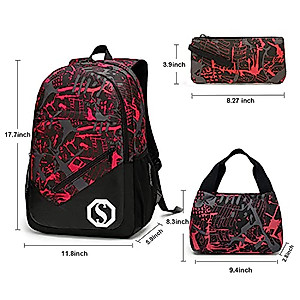 CAMTOP School Backpack Boys Kids School Bookbag Set Student Backpack with Lunch Box and Pencil Case (Graffiti - Red)