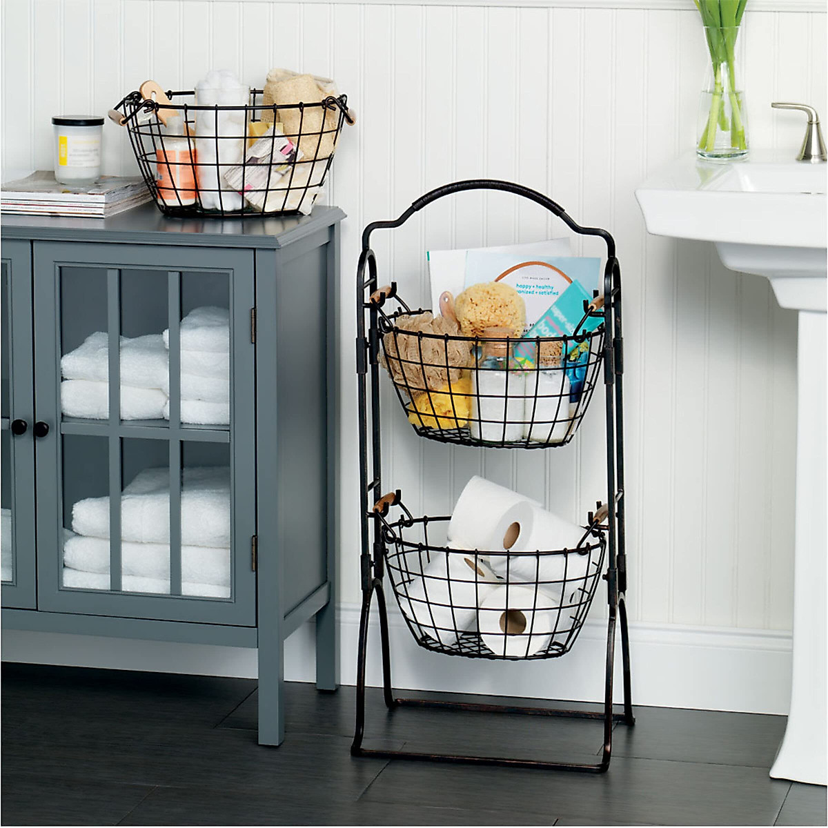 Gourmet Basics by Mikasa 5184916 Harbor Adjustable 3-Tier Metal Floor Standing Fruit/Home Storage Basket, Antique Black