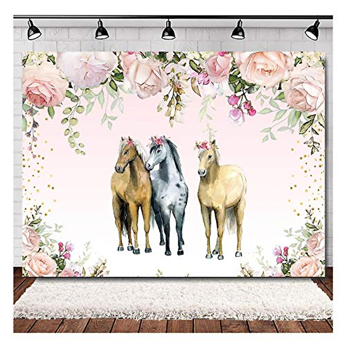 Pink Flower Countryside West Cowboy Cowgirl Horse Party Photo Backdrops 5x3ft Children Boy or Princess Girl Birthday Photography Background Baby Shower Party Supplies Banner Cake Table Decor Vinyl