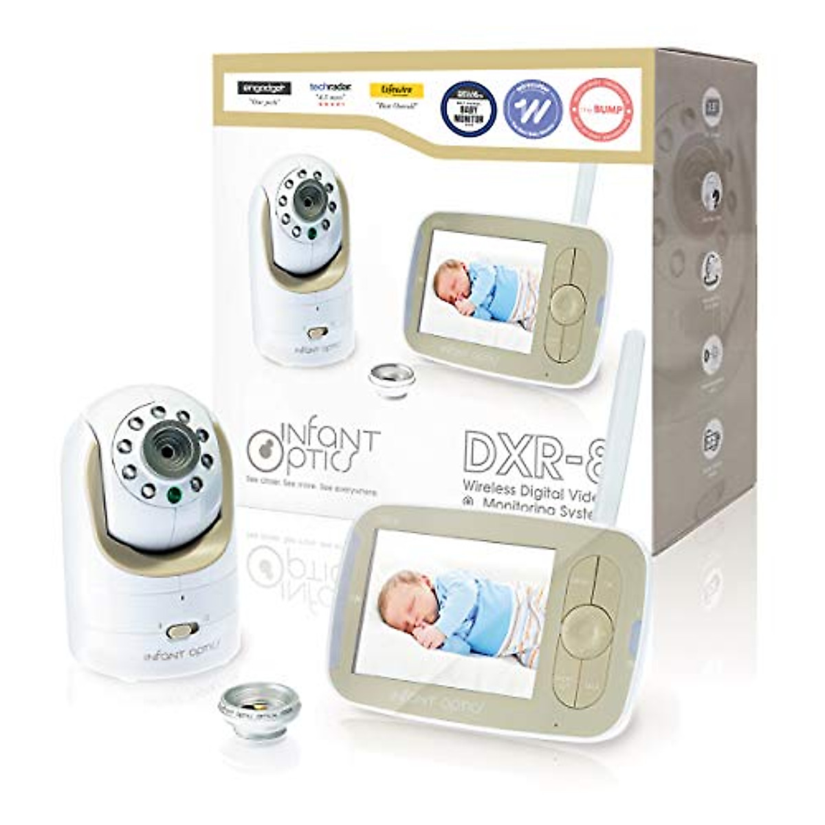 Infant Optics DXR-8 Video Baby Monitor, Non-WiFi Hack-Proof FHSS Connection, Interchangeable Lenses, Pan Tilt Zoom, LED Sound Bar, Night Vision, and Two-way Talk