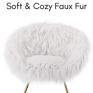 BIRDROCK HOME White Faux Fur Papasan Chair with Pale Gold Legs - Kids Bedroom Moon Chair - Comfy Wide Cushion Seat - Living Room Saucer - Metal - Fluffy Round Seat - Circle