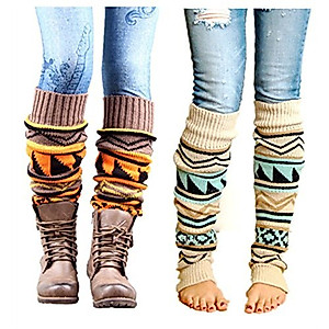 Women's Boho Knitted Warm Long Leg Warmer (Beige&Khaki)