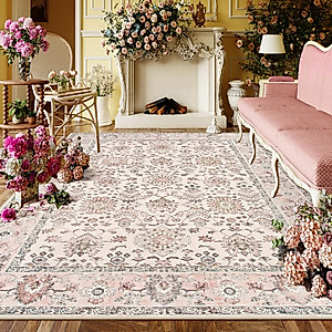Lahome Pink Floral 8x10 Rug Non Slip, Washable Large Rugs for Living Room Ultra-Thin Boho Rugs for Bedroom, Vintage Floral Print Carpet Rug for Dining Room Nursery Room Dorm Classroom (Pink, 8' x 10')