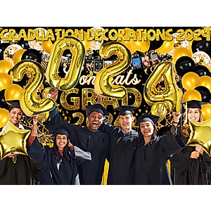 231PCS Graduation Decorations Class Of 2024, 2024 Graduation Party Decorations for High School College With Backdrop balloons Paper Plate Cup Napkin Cutlery Tablecloth Balloon Garland (Black and Gold)
