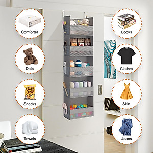 Fixwal Over The Door Hanging Organizer 5 Shelf Bathroom Organizers and Storage with 2 Large Metal Hooks and 12 Pockets for Bedroom, Living Room, Baby Nursery, Bathroom, Kitchen (Grey)