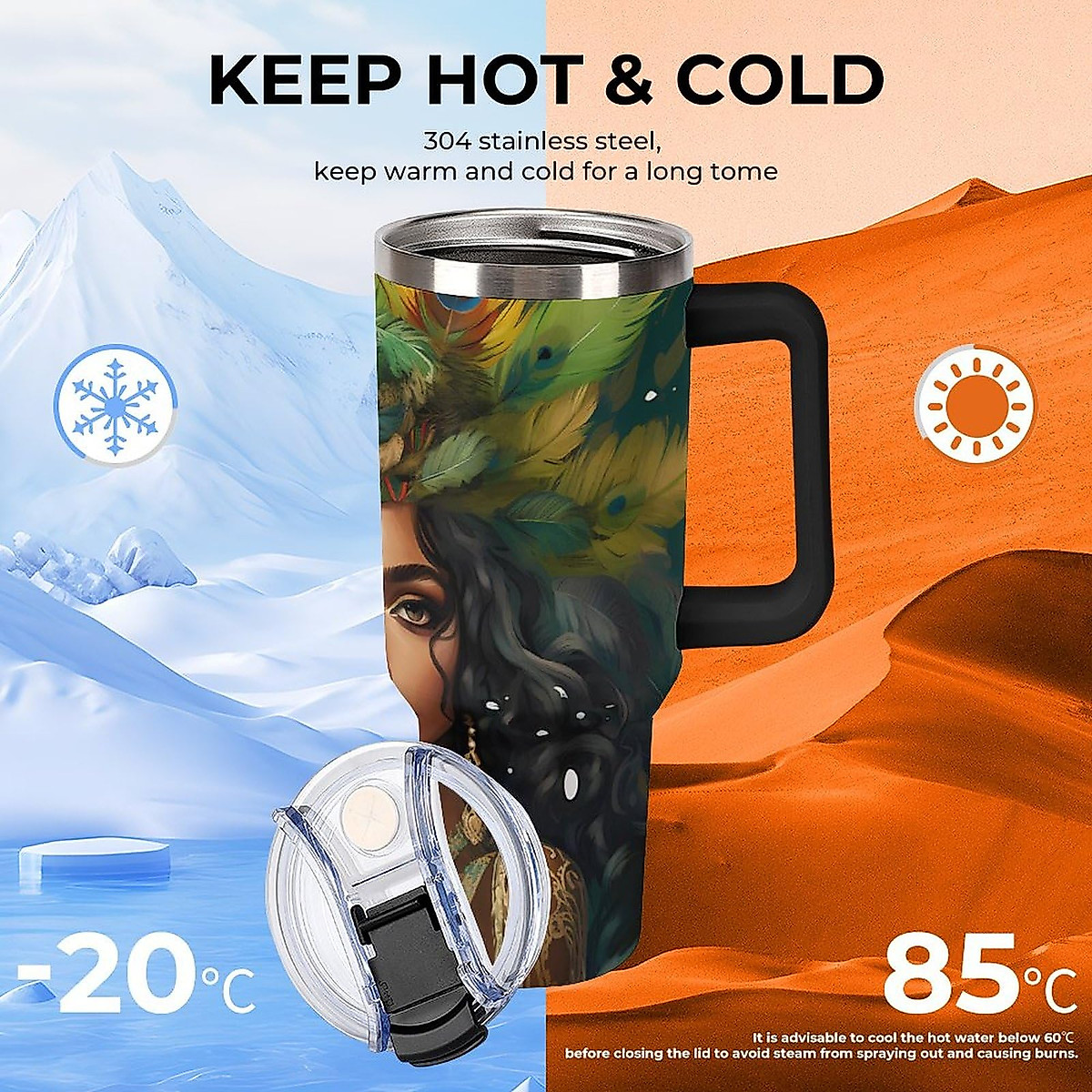 African American Women 40 Oz Tumbler with Handle Insulated Stainless Steel Travel Coffee Mug Leakproof Water Bottle Black-Color