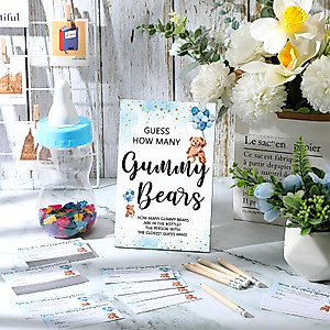 Qilery 122 Pcs Baby Shower Games Guess How Many Bears 100 Guessing Cards 20 Pencils 1 Baby Bottle 1 Wood Standing Sign for Baby Shower Games Gender Reveal Party Decoration (Blue)