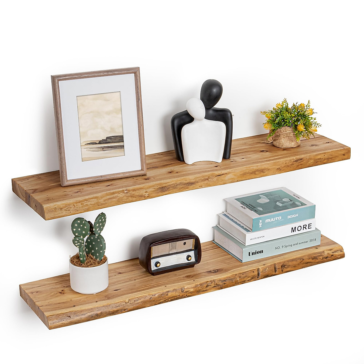 Fun Memories 36 Inch Floating Shelves Set of 2, 9.3" Deep Solid Elm Wood Floating Display Shelves, Wall Decor Shelves with Invisible Heavy-Duty Metal Bracket for Living Room Bedroom Kitchen, Natural