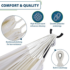 Vivere Double Cotton Hammock with Space Saving Steel Stand, Upgraded Polyester End Strings 450 lb Capacity - Premium Carry Bag Included - USA Grown Cotton (Natural)