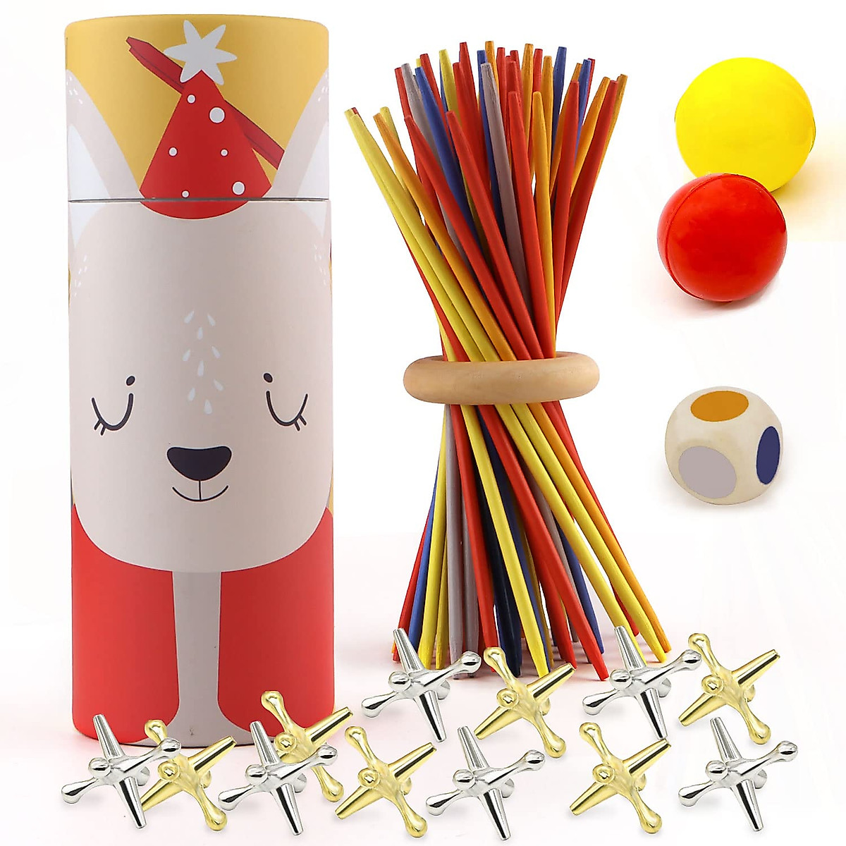 ATOSHP Jacks Game and Pick Up Sticks, 12 Metal Jax and 60Pcs Wooden Sticks with Storage Box